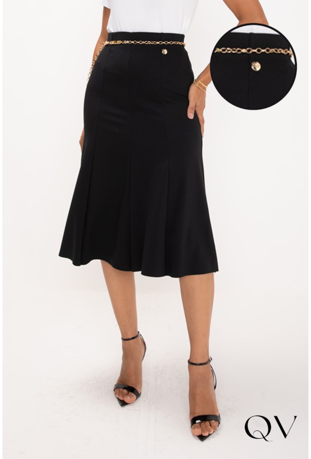 Saia Em Malha Ponto Roma Com Nesgas Preto Lekazis QVestido - Moda Executiva Feminina